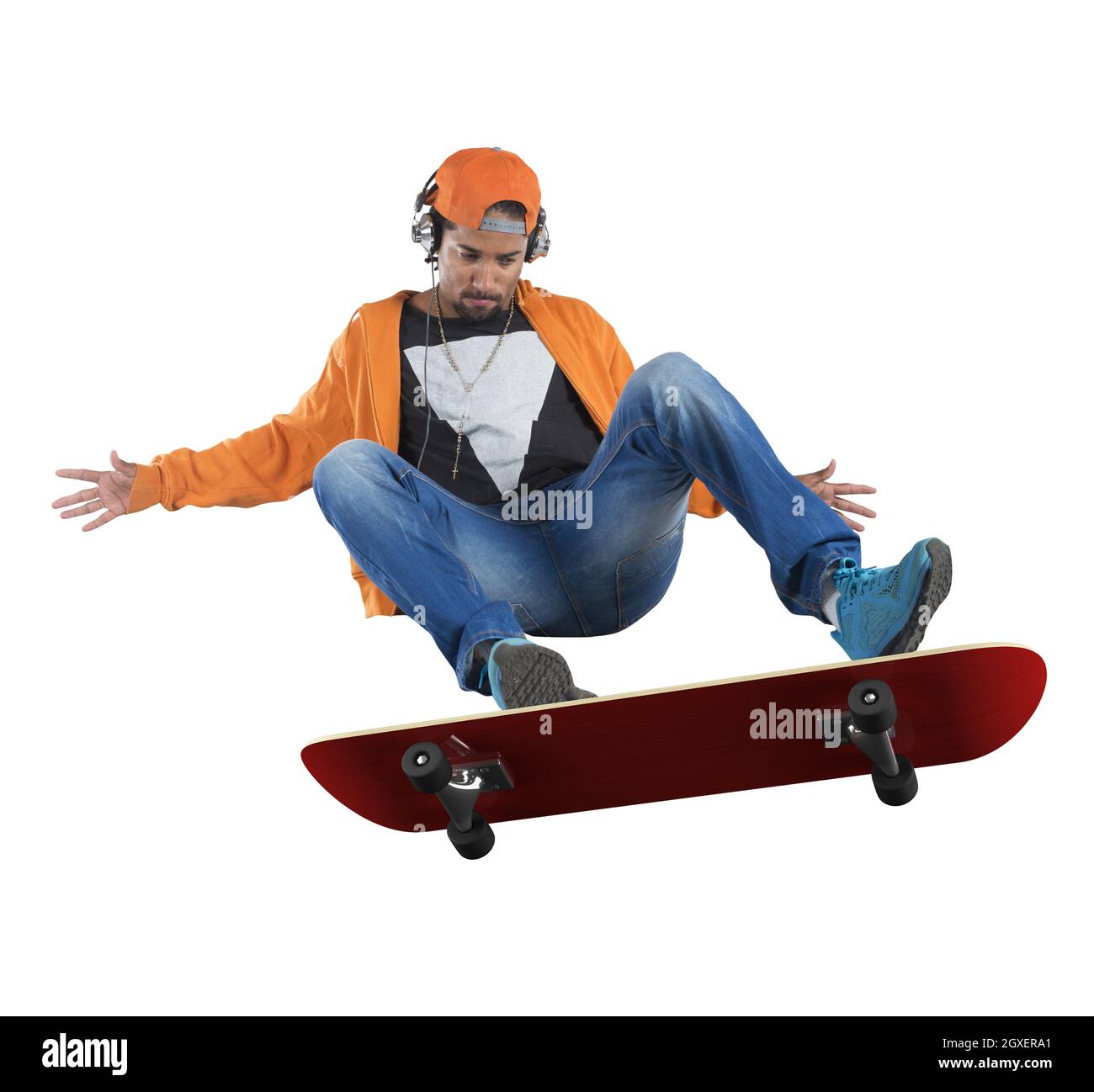 Street boy doing stunts with his skate Stock Photo - Alamy