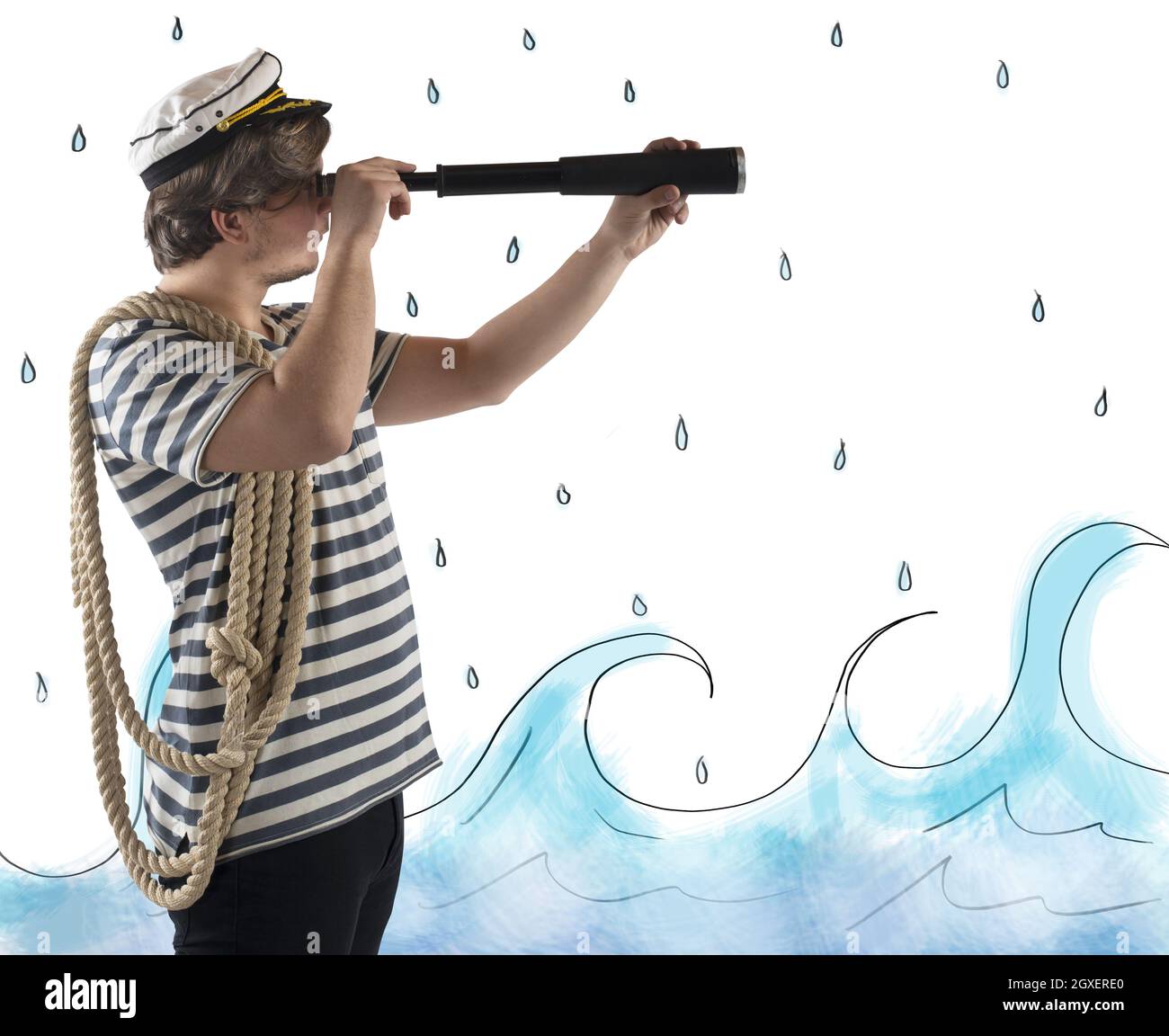 Sailor looks at the sea with the telescope Stock Photo - Alamy