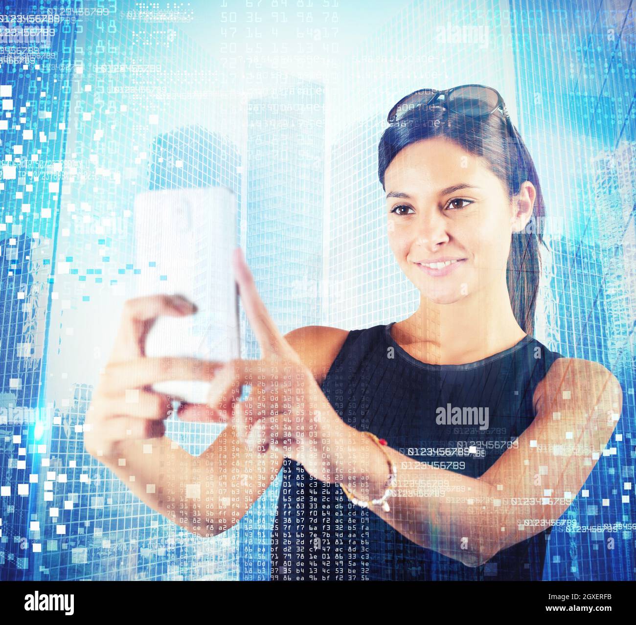 Girl takes a picture with futuristic technology Stock Photo - Alamy