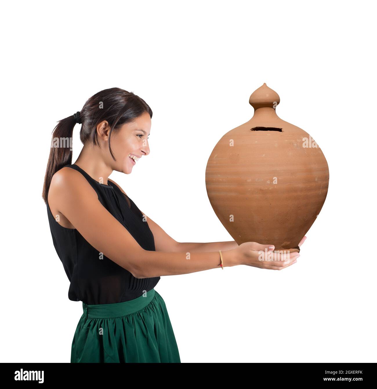 Generous woman happy to give the savings Stock Photo - Alamy