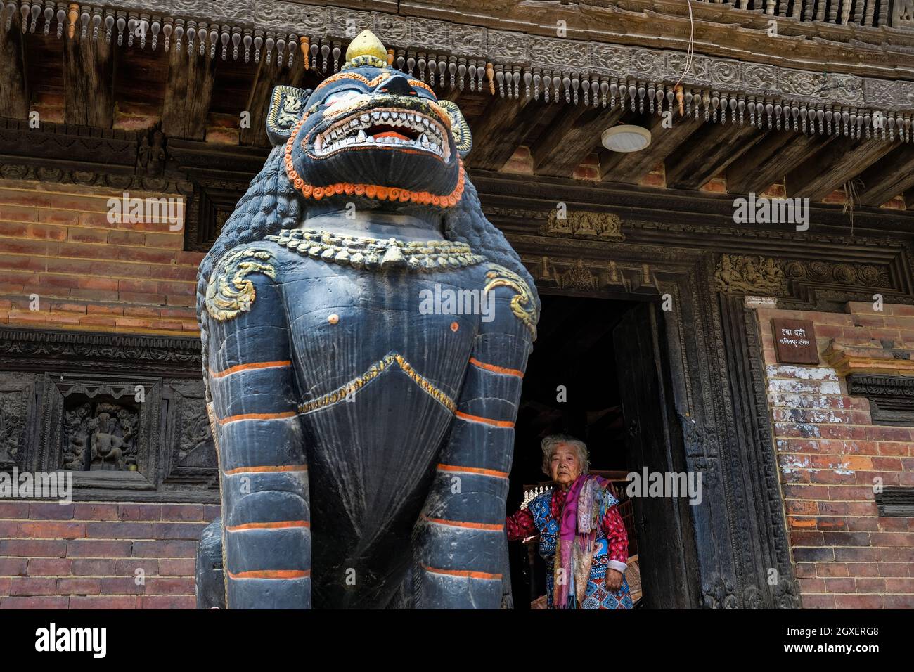 Patan, Nepal - October 2021: Detail of the entrance of the Buddhist ...