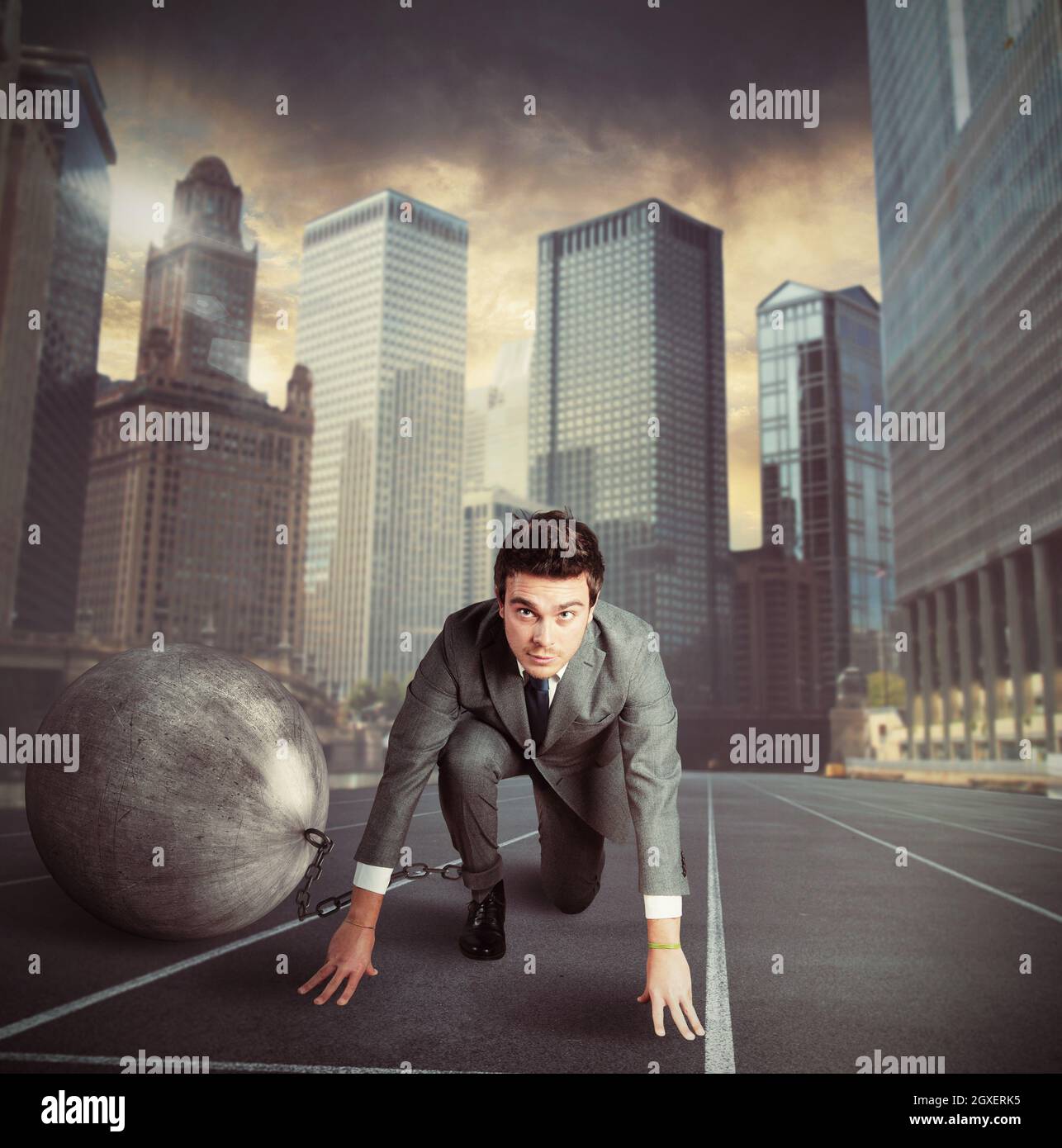 Man stuck in a challenge by an obstacle Stock Photo - Alamy