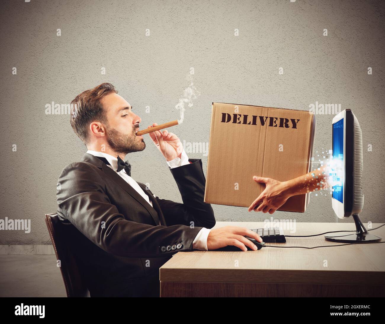 Package delivered coming out of the pc Stock Photo - Alamy