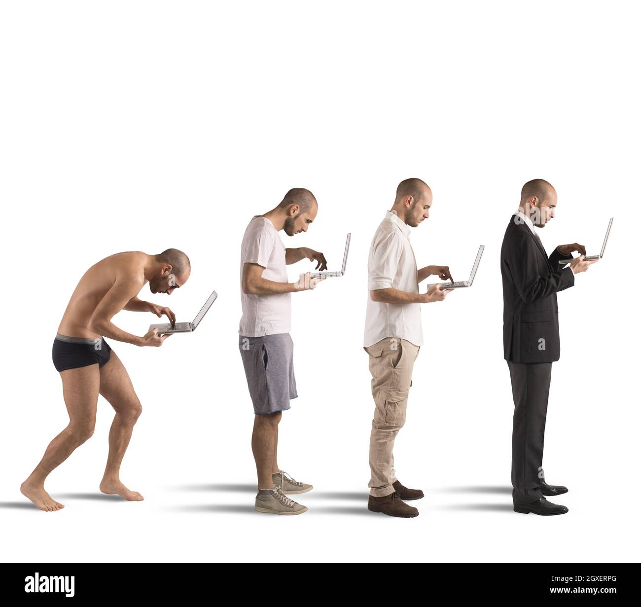 Evolution from hunched man to successful man Stock Photo - Alamy
