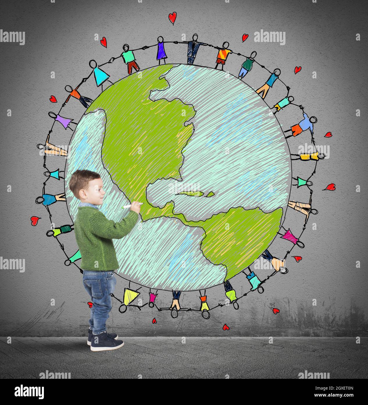 Child draws world with people holding hands Stock Photo - Alamy