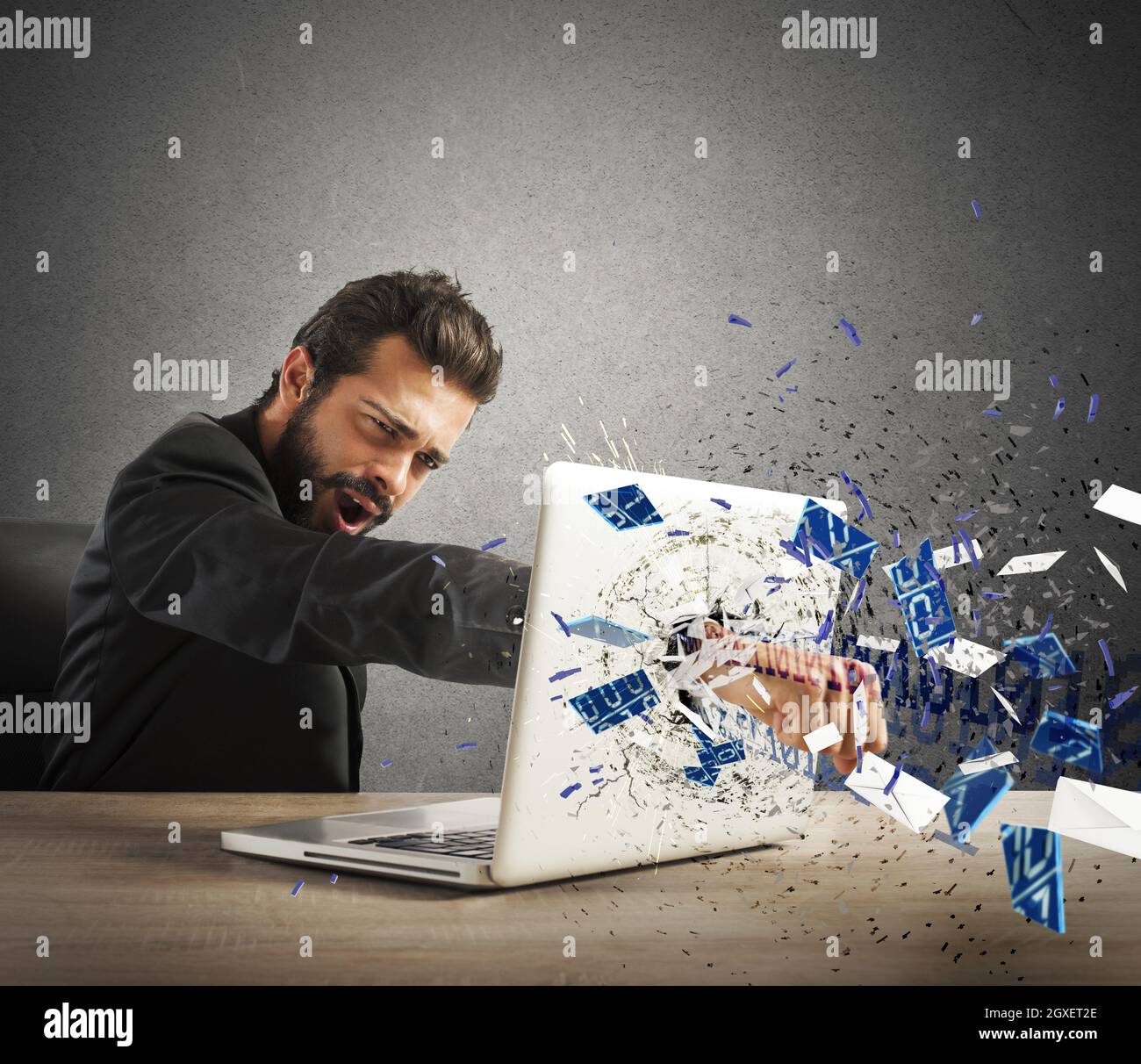 Angry businessman breaks the pc in office Stock Photo - Alamy
