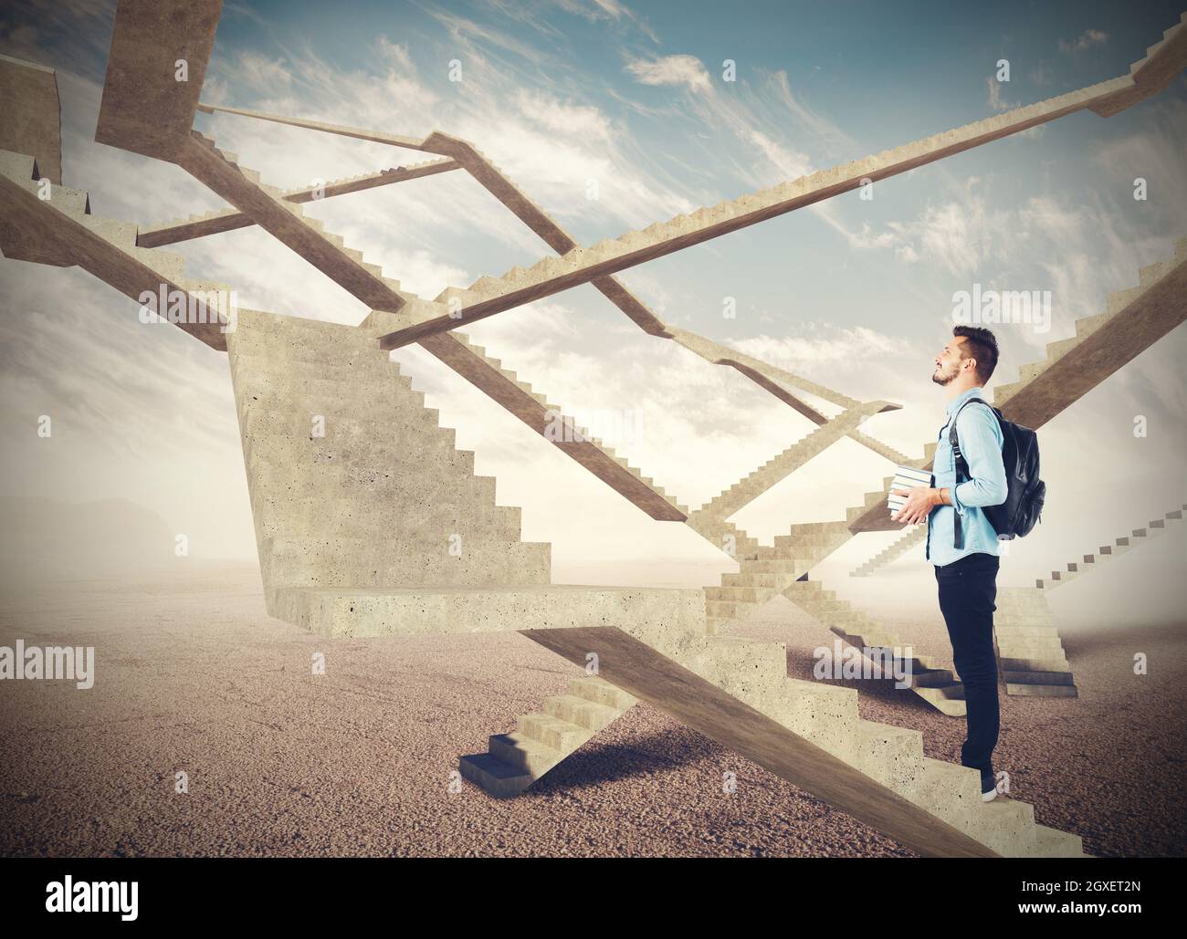 Student watching the endless stairs of future Stock Photo - Alamy