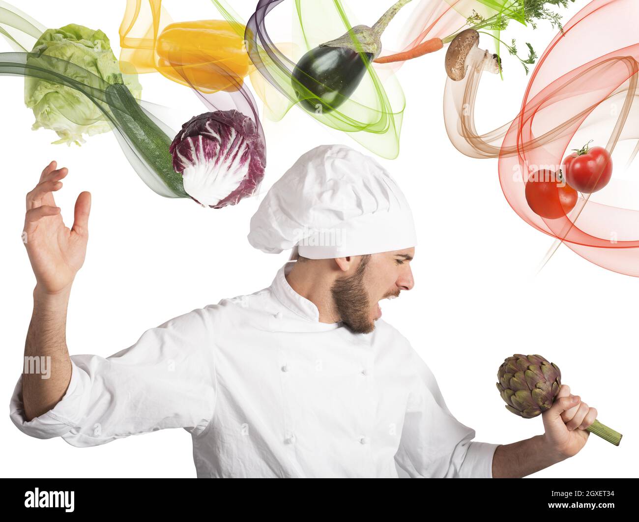 Chef sings with an artichoke as microphone Stock Photo - Alamy