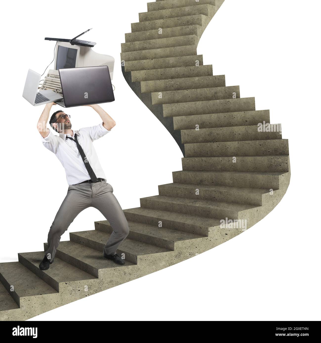 Overload businessman working launches pc from stairs Stock Photo - Alamy