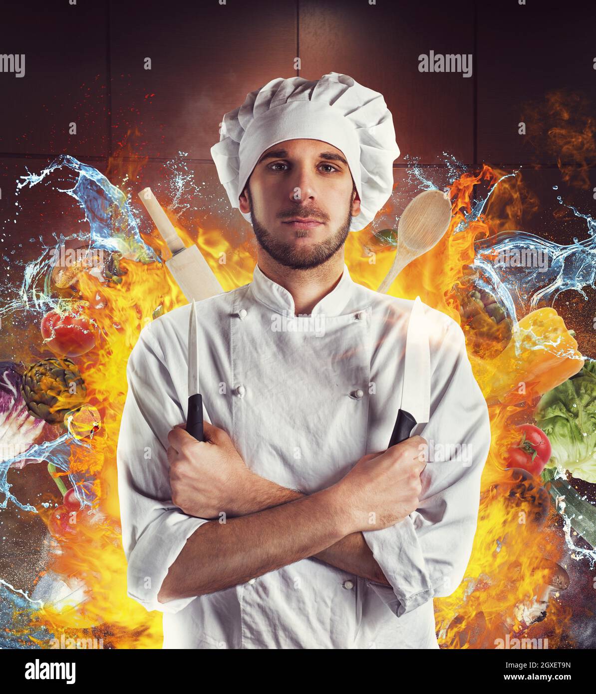 Chef with knives between water and fire Stock Photo - Alamy