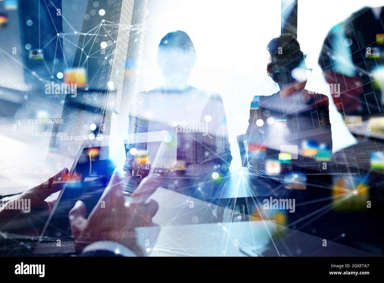 Business people collaborate together in office. Double exposure effects ...