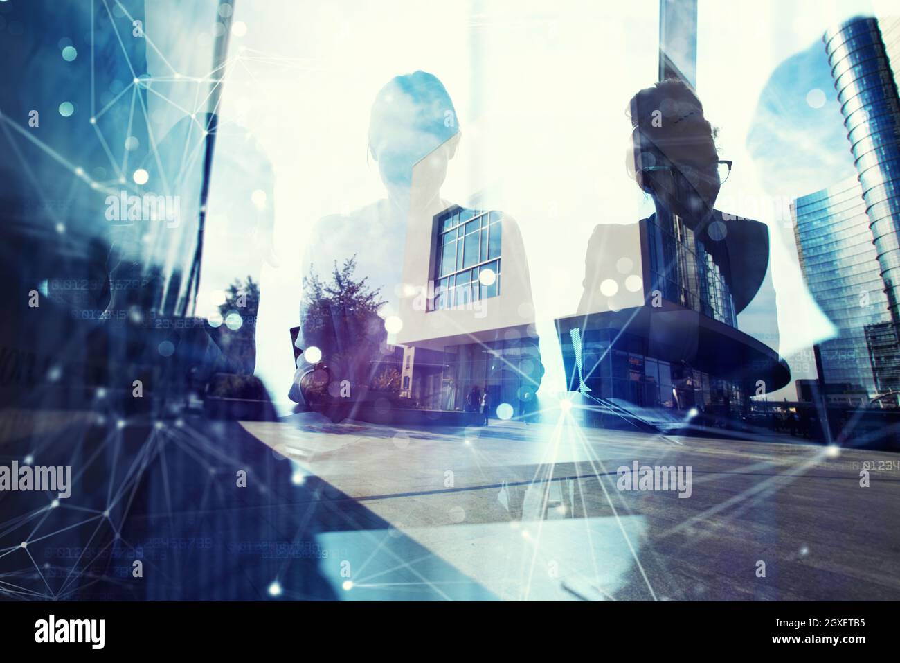 Business people collaborate together in office. Double exposure effects ...