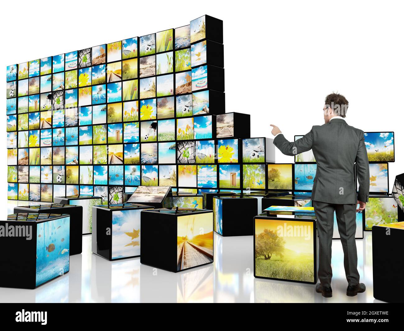 Multimedia concept with abstract cube television Stock Photo - Alamy
