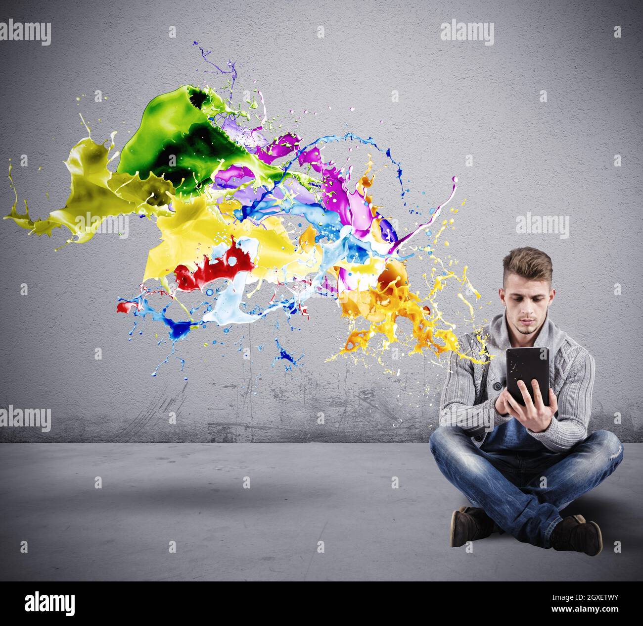 Concept of Creative technology with a boy with a tablet Stock Photo - Alamy
