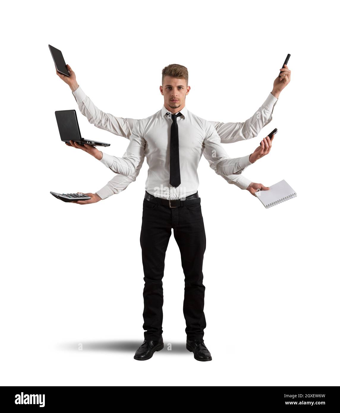 Concept of multitasking with busy businessman at work Stock Photo - Alamy