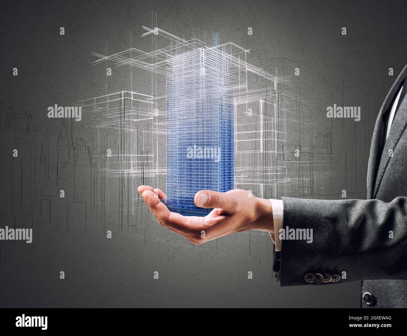 Architect showing a futuristic project of a building Stock Photo - Alamy