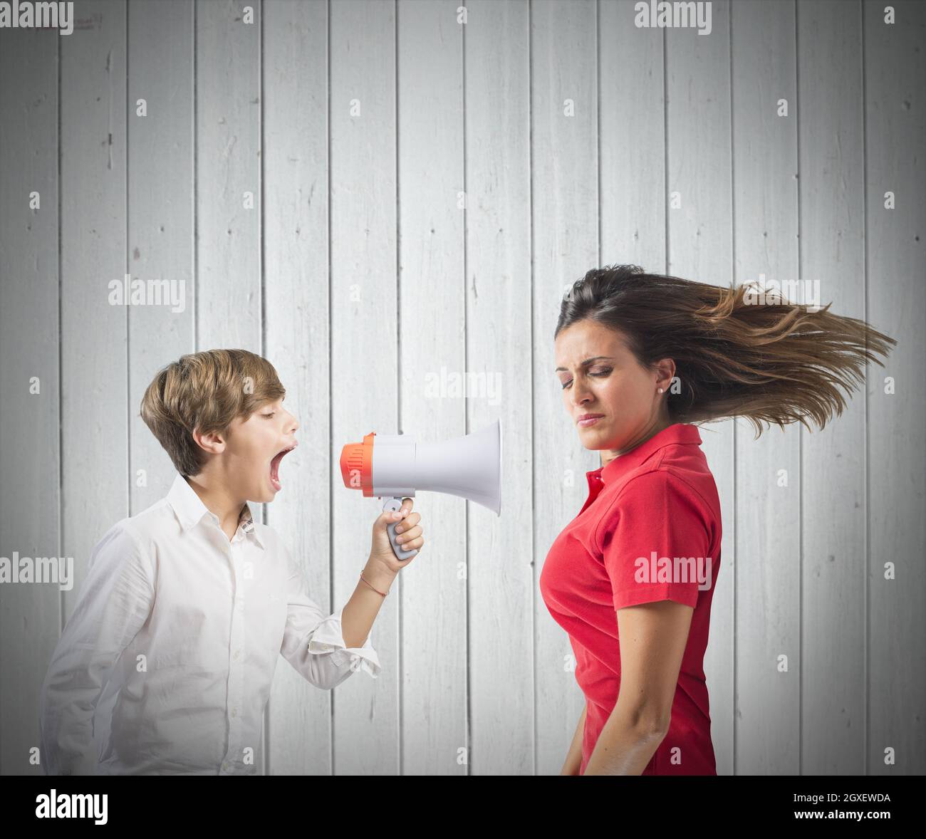 Child yells at her mother with megaphone Stock Photo - Alamy