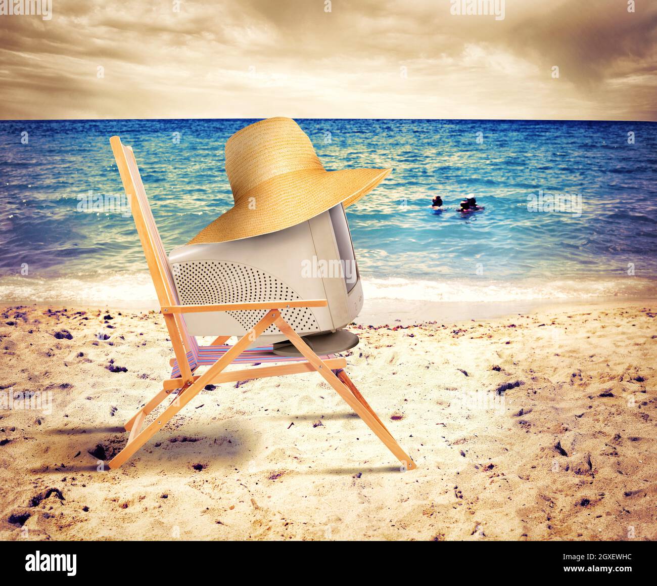 Concept of vacation time with an old computer on the beach Stock Photo ...