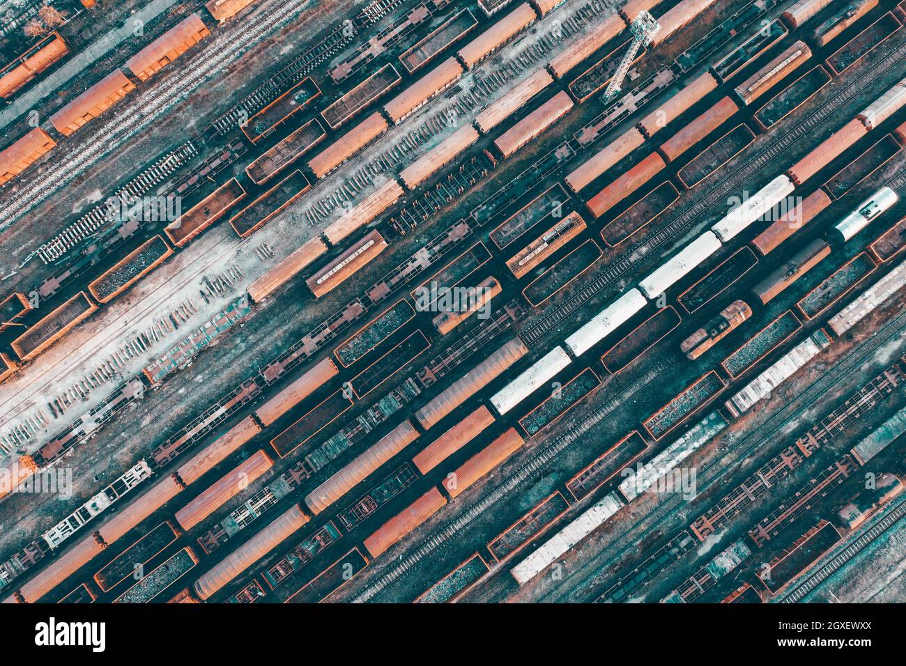 Aerial view of various railway carriage trains with goods on the ...