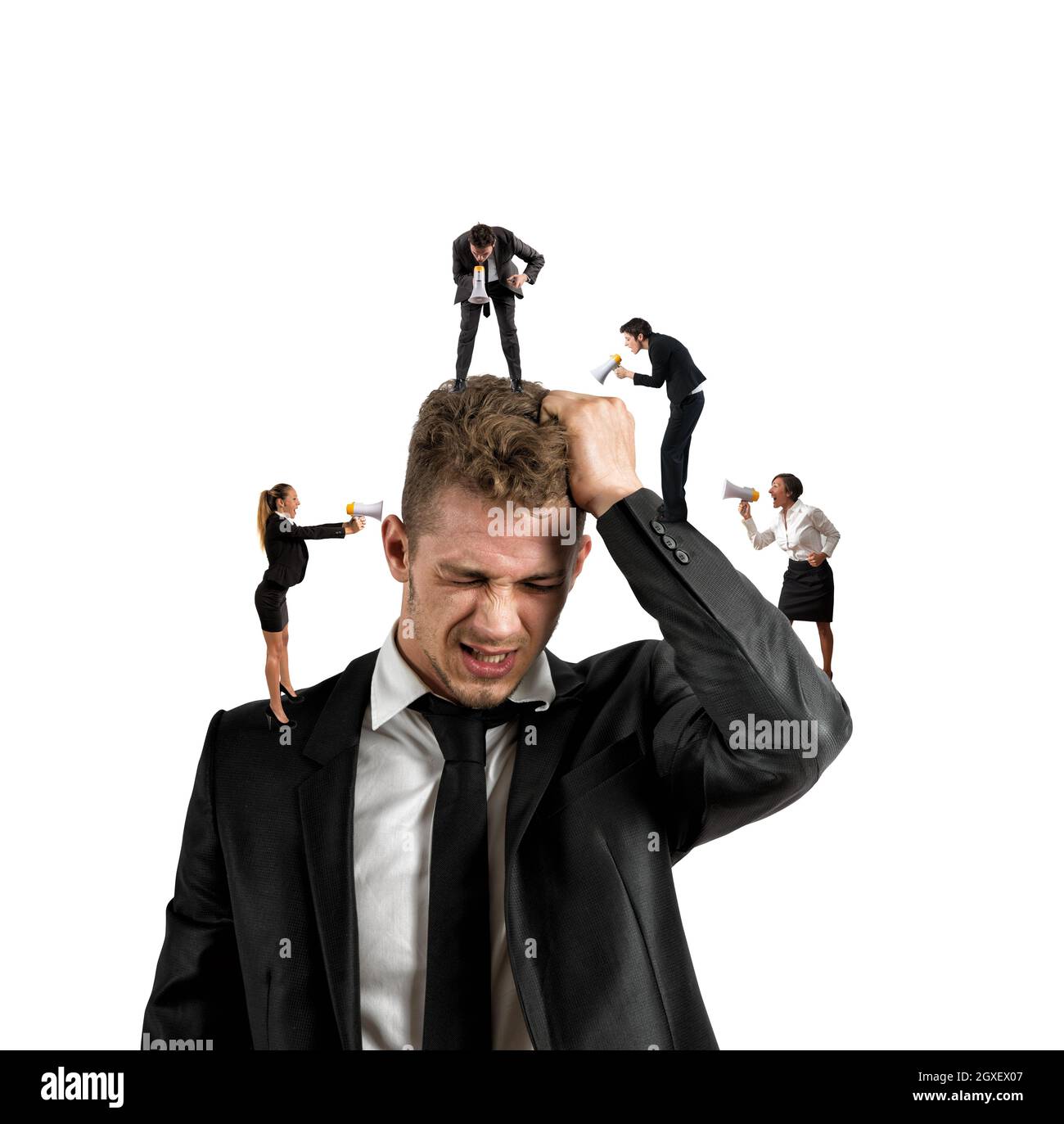 Concept of stress at work with small people shouting with megaphone ...