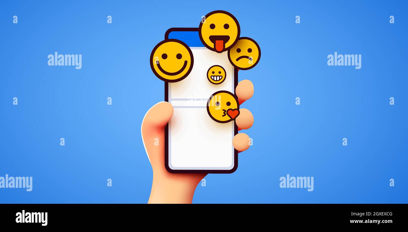Hand holding phone emoticons. Social media and messenger chatting ...
