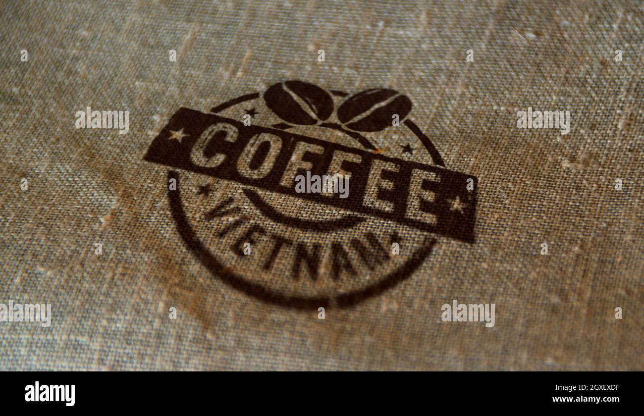 Coffee Vietnam stamp printed on linen sack. Factory, manufacturing and ...