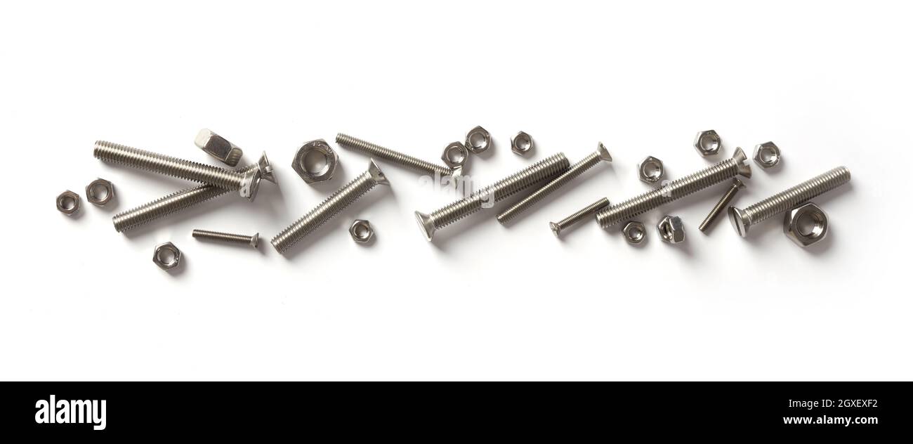 Set of chrome screws and bolts on white background Stock Photo - Alamy