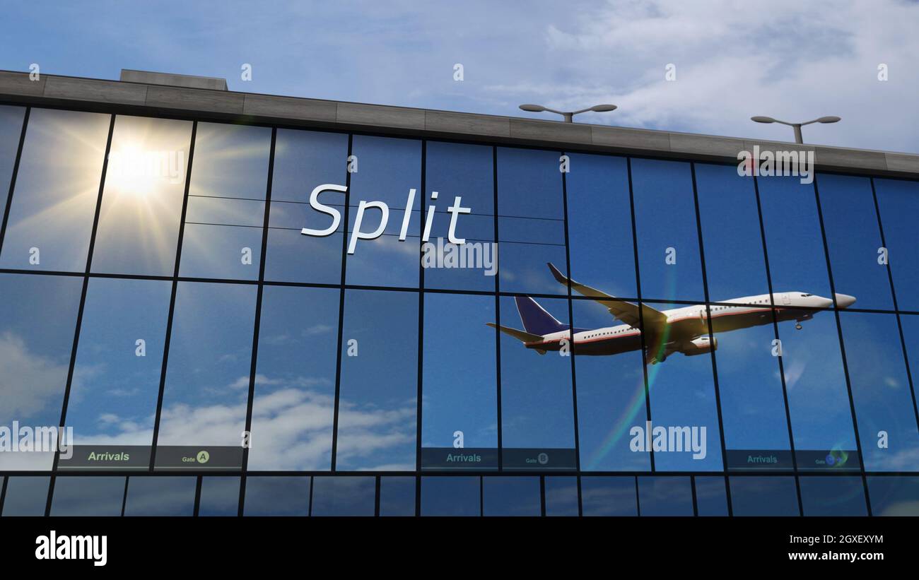 Aircraft landing at Split, Croatia 3D rendering illustration. Arrival ...