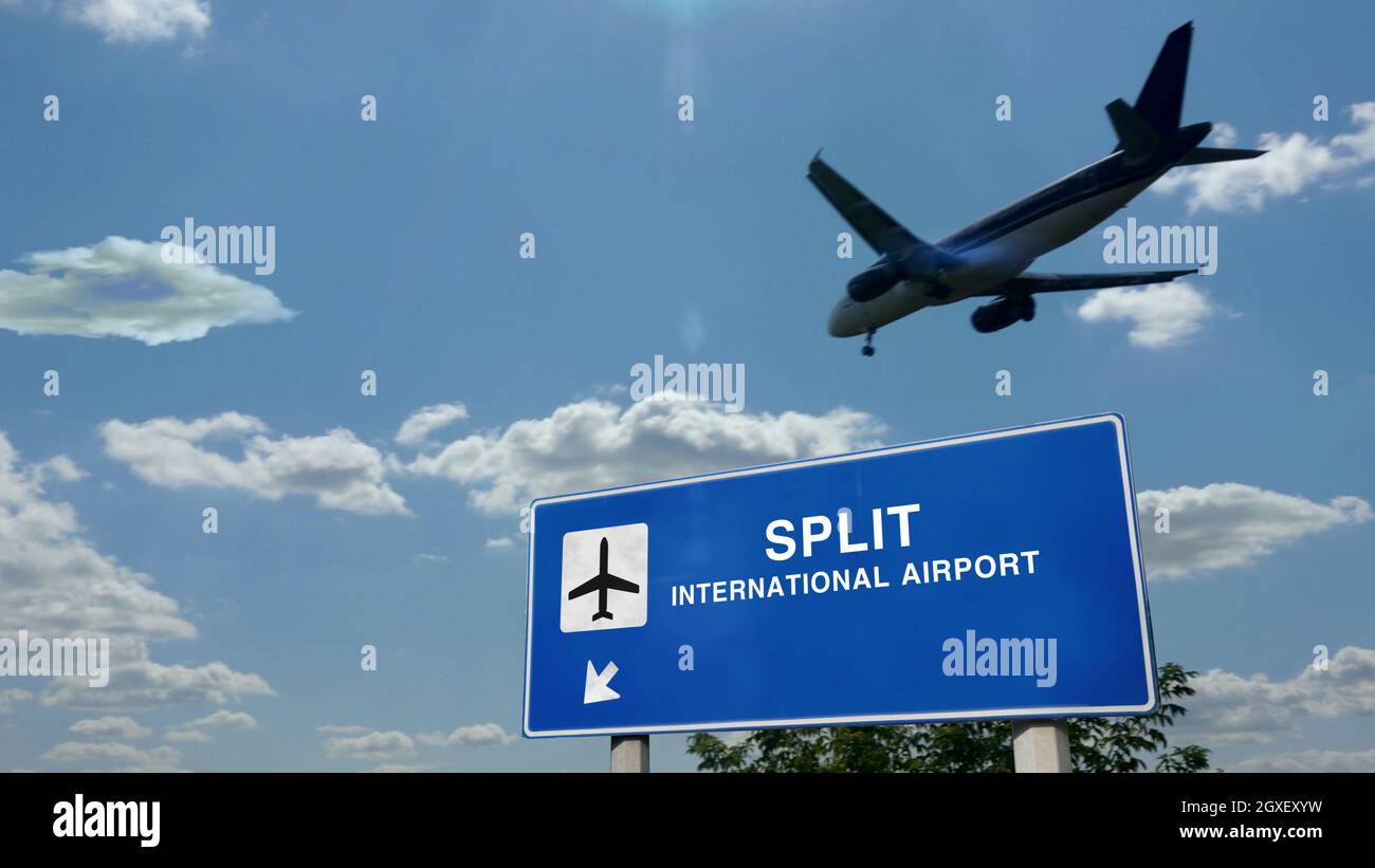 Airplane silhouette landing in Split, Croatia. City arrival with ...