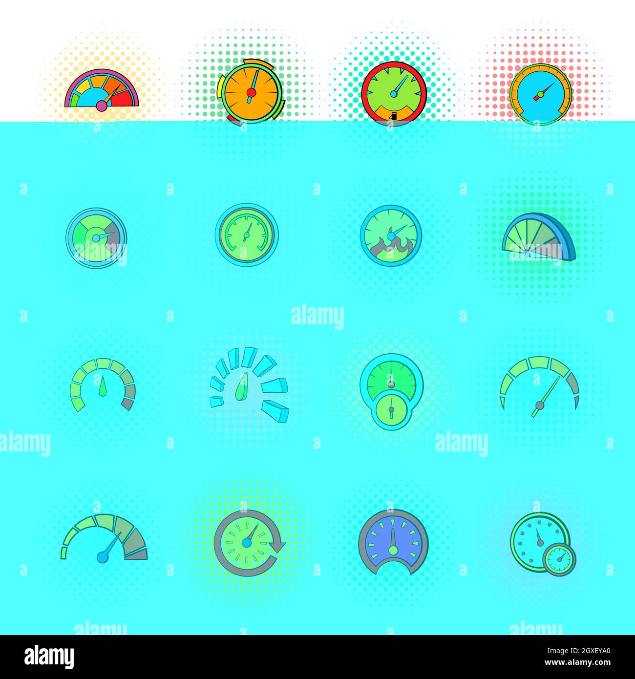 Speedometer icons set in pop-art style on a white background Stock ... Speedometer icons set in pop-art style on a white background Stock ...