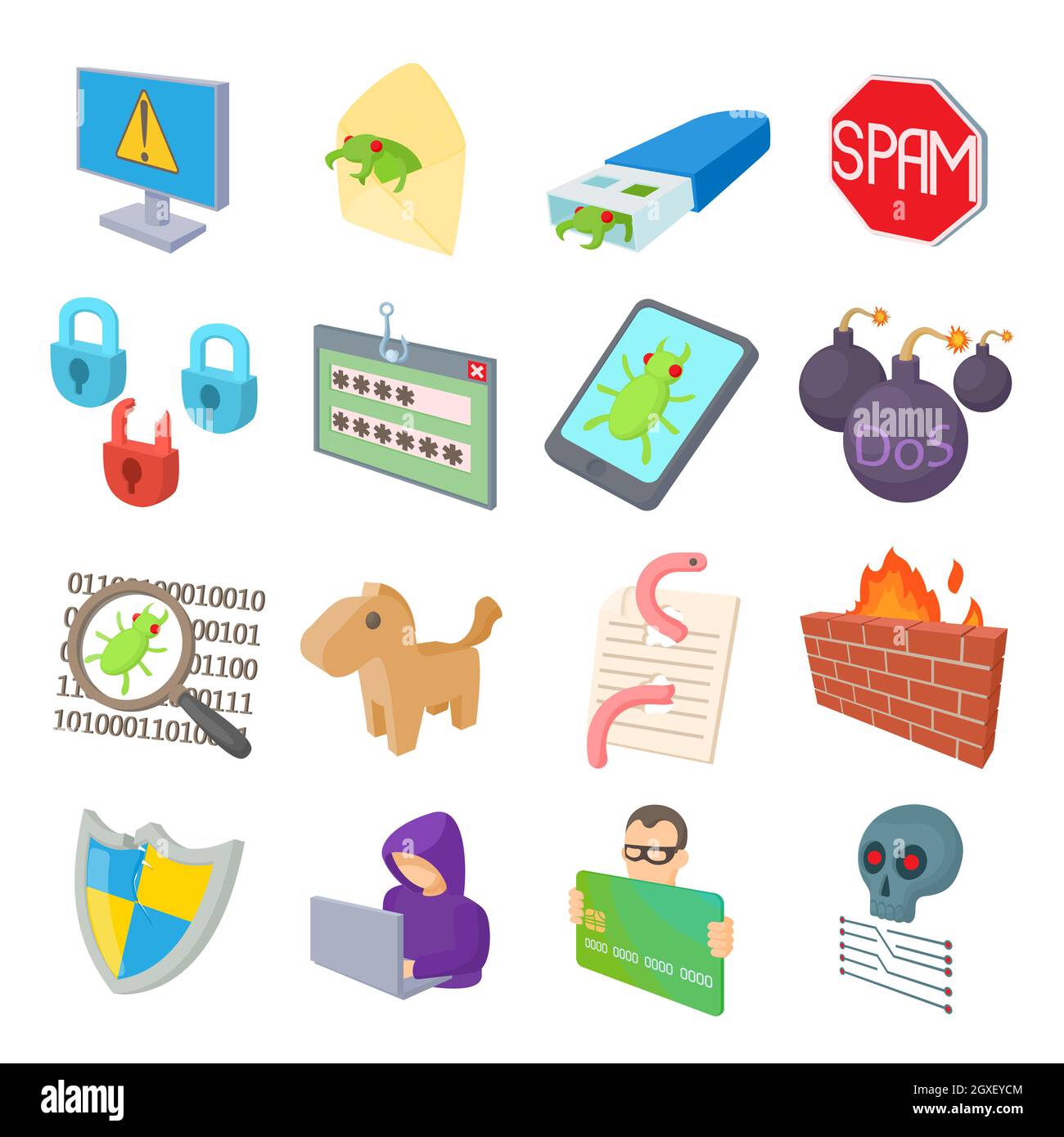 Hacking icons set in cartoon style isolated on white background Stock ...