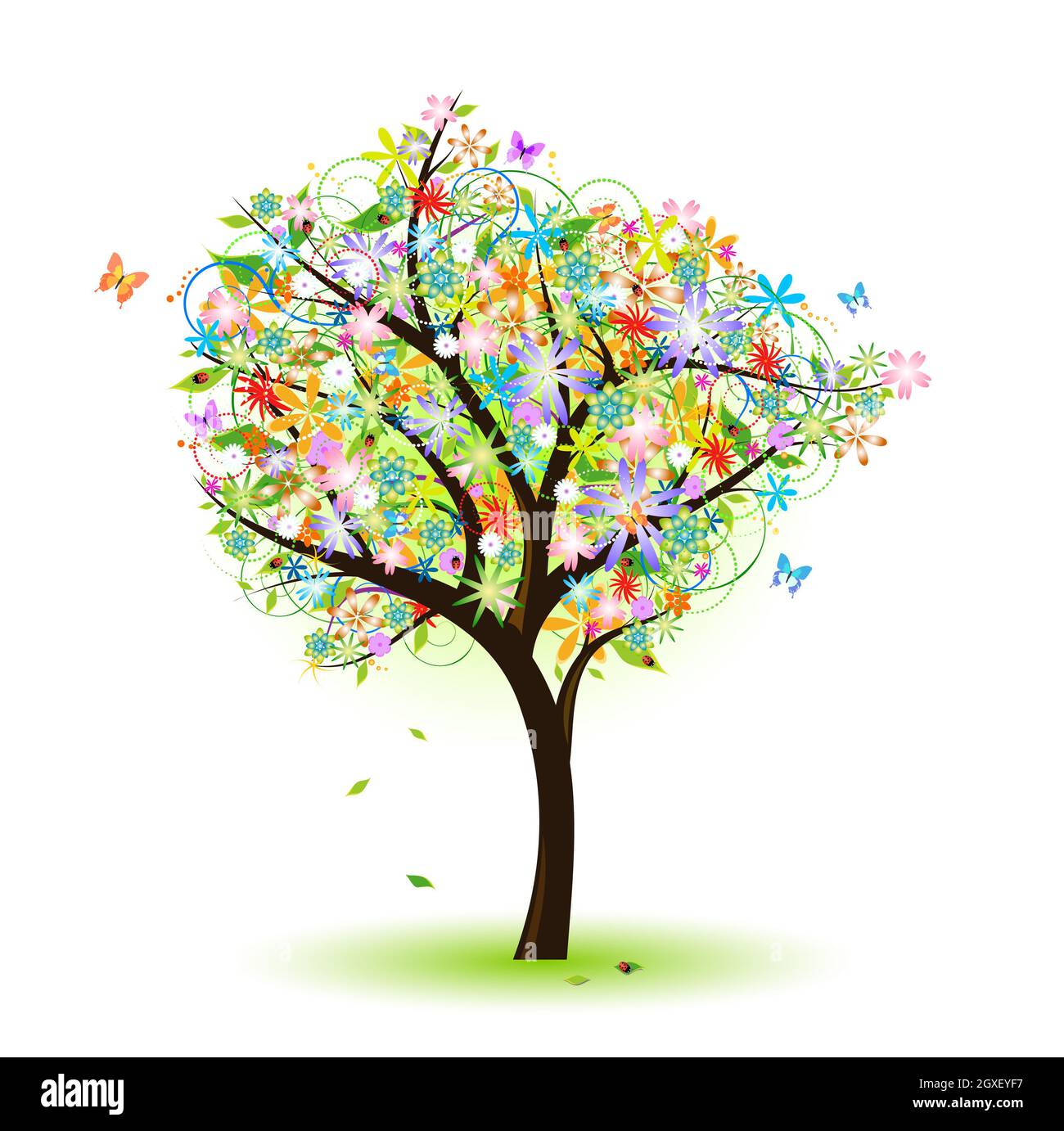 Colorful tree with flower butterfly and ladybug Stock Photo - Alamy