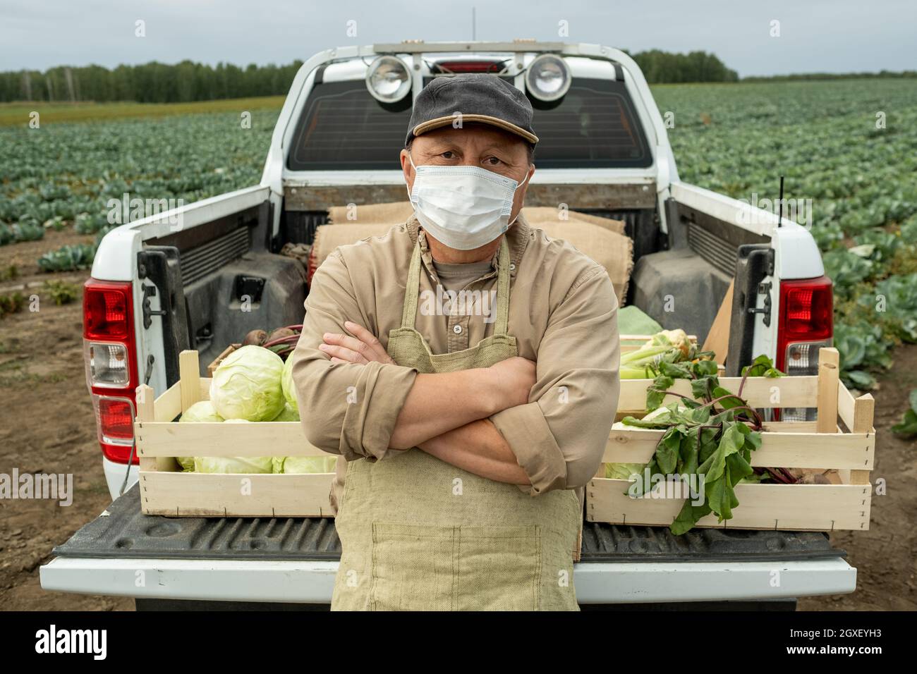 Contemporary farmer in protective mask standing against car trunk with ...