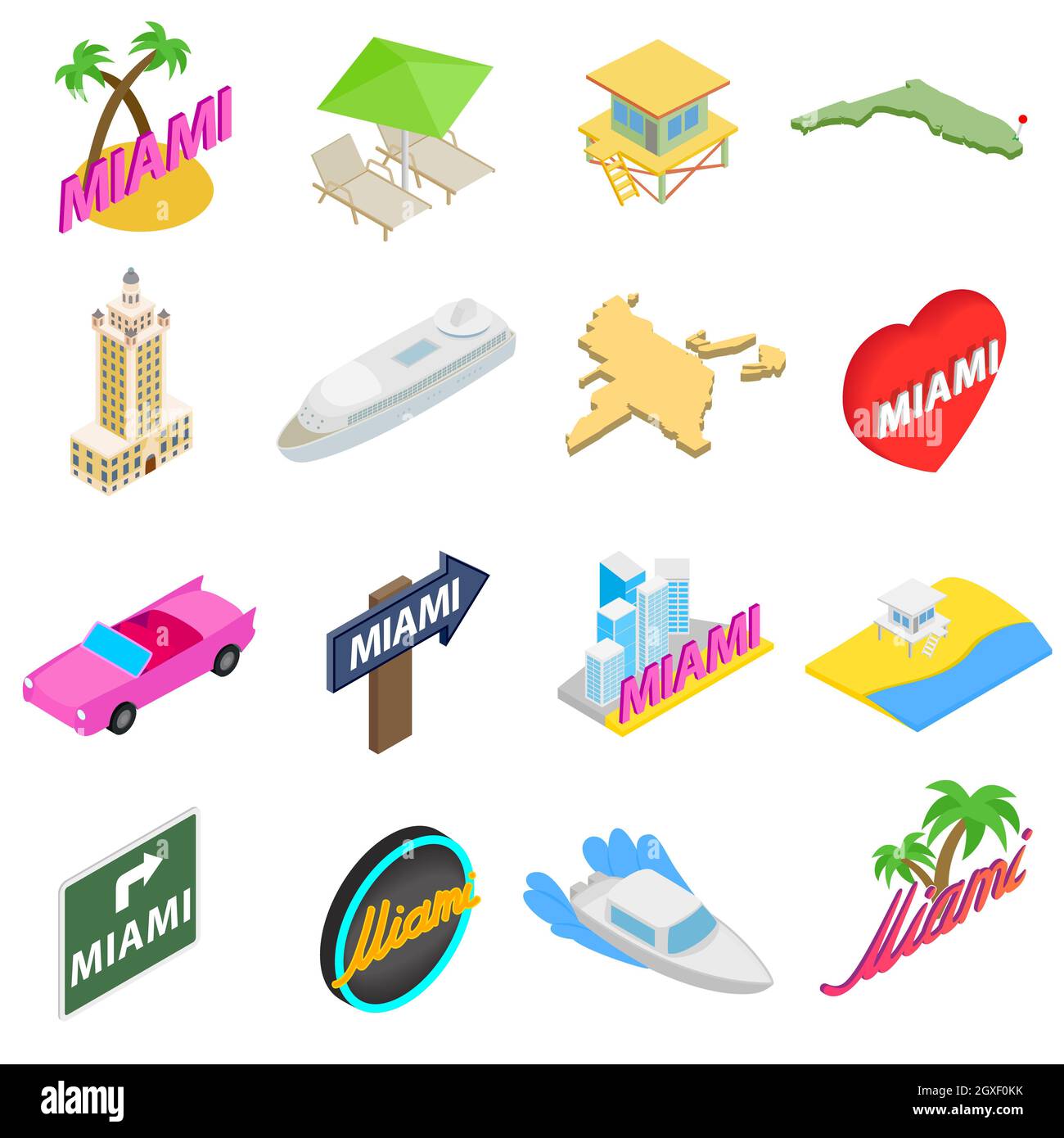 Miami icons set in isometric 3d style isolated on white background ...