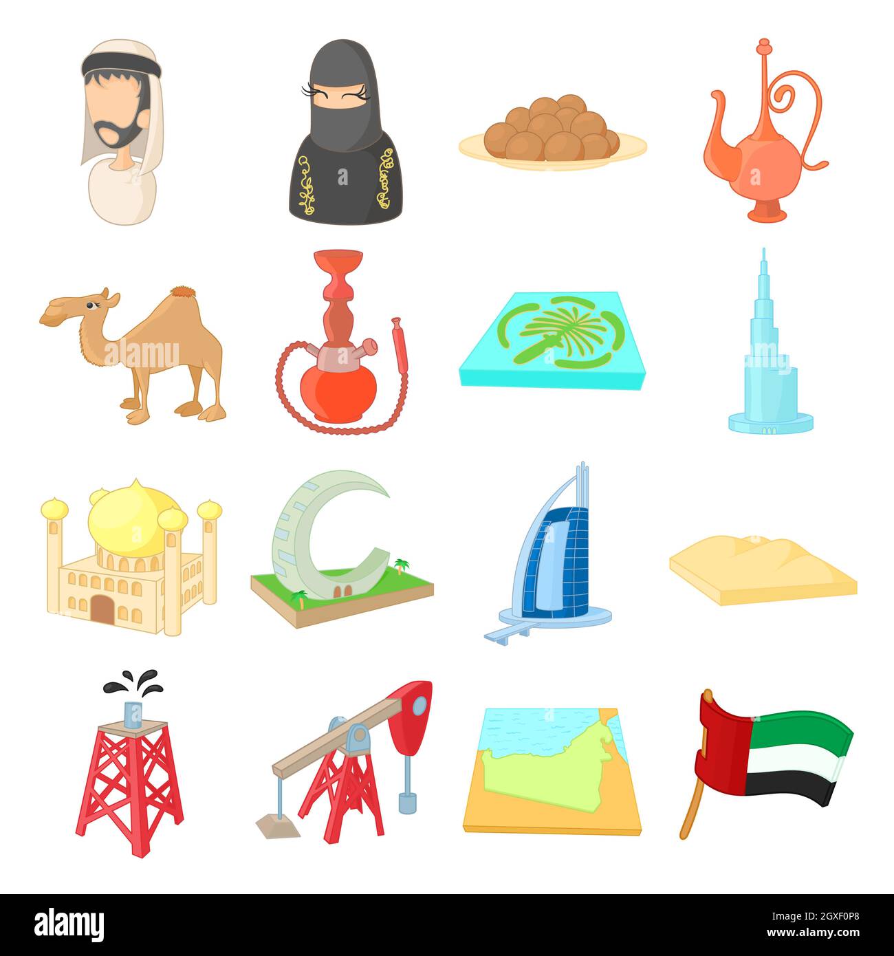 UAE icons set in cartoon style isolated on white background Stock Photo ...