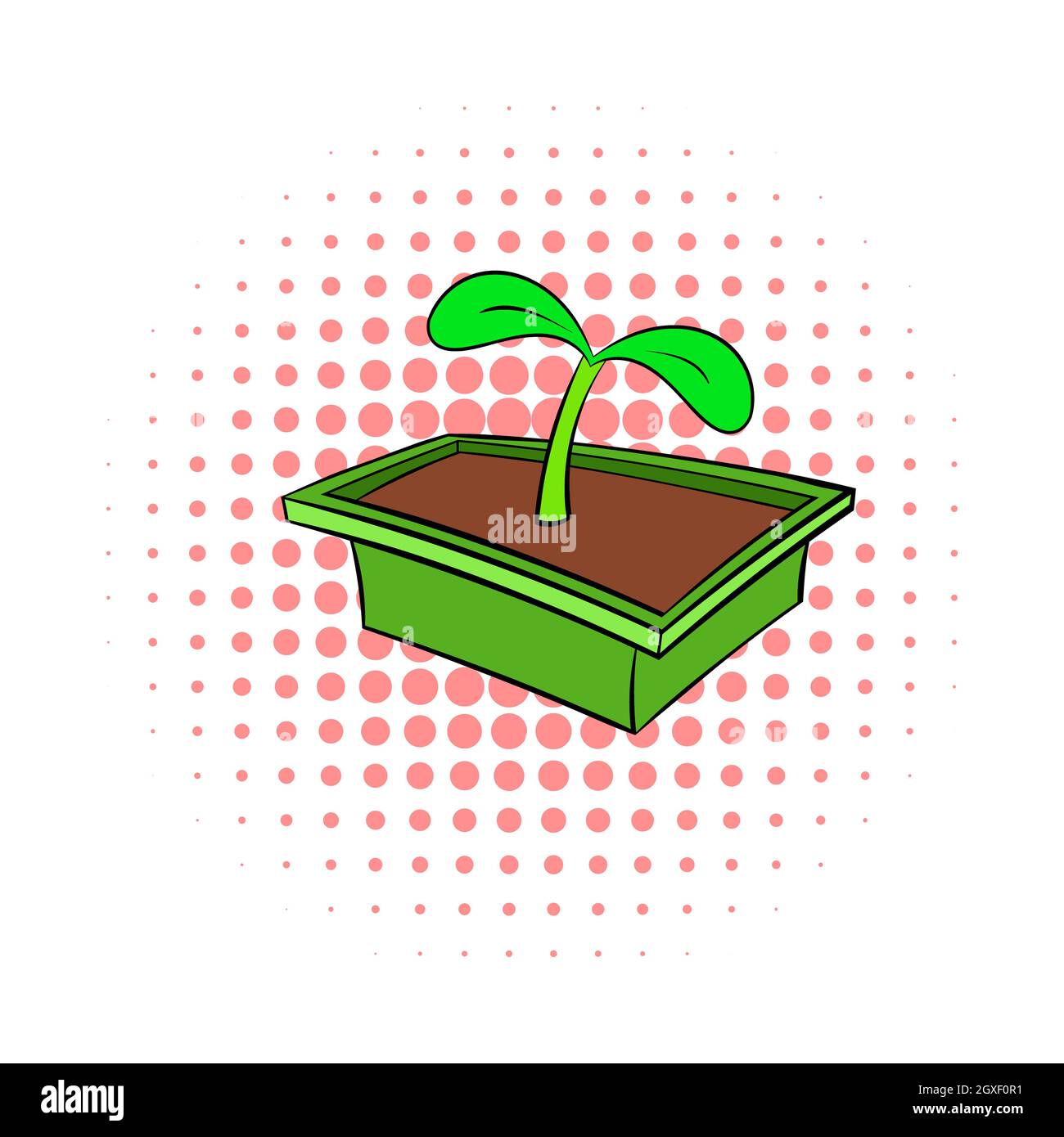 Seedlings in box icon in comics style on dotted background. Plants and ...