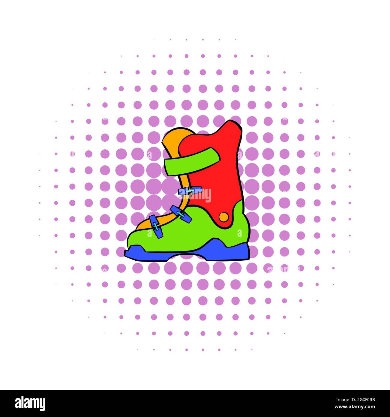Boot for snowboarding icon in comics style on dotted background. Winter ...