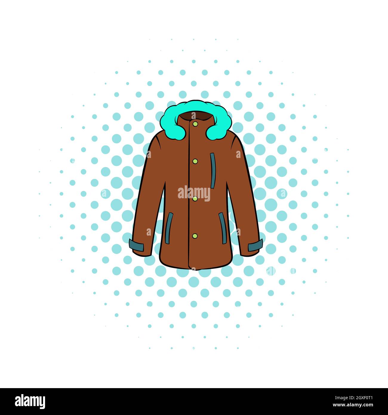 Winter jacket icon in comics style on dotted background. Clothing ...