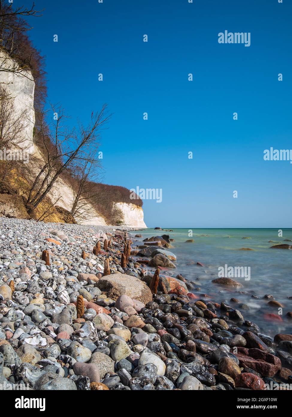 White cliffs on the Baltic Sea coast on the island Ruegen, Germany ...