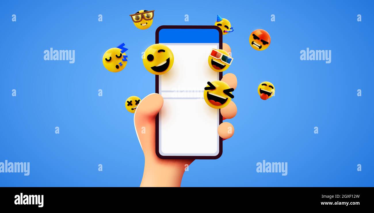 Hand holding phone emoticons. Social media and messenger chatting ...