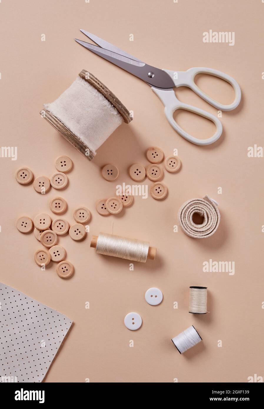 Materials and accessories for sewing - fabric, pins, thread, buttons ...