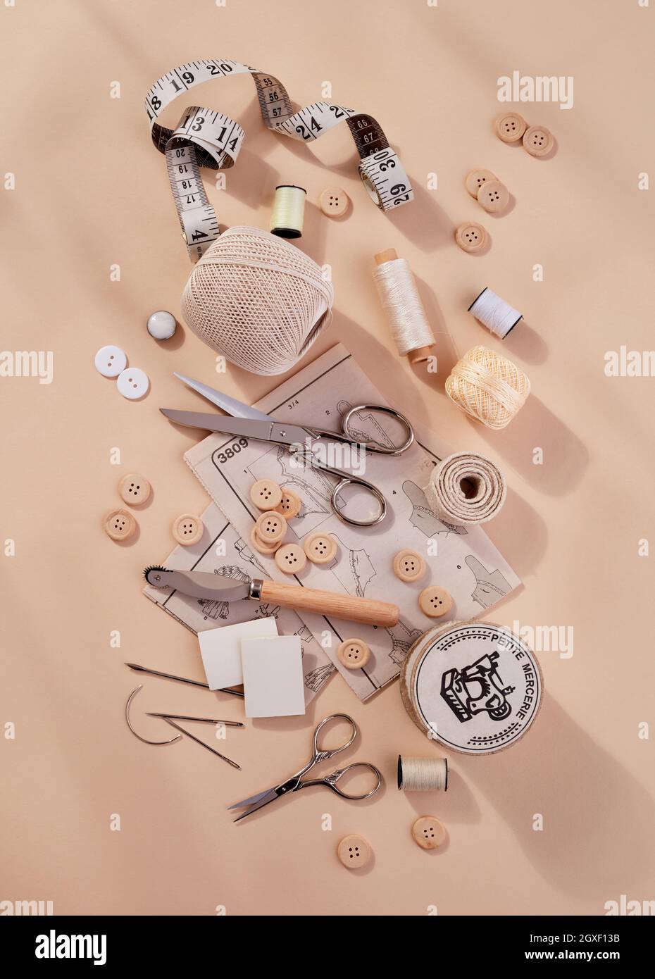 Materials and accessories for sewing - fabric, pins, thread, buttons ...