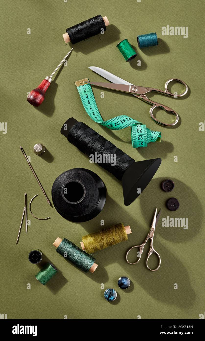 Tailoring products on table, top view Stock Photo - Alamy