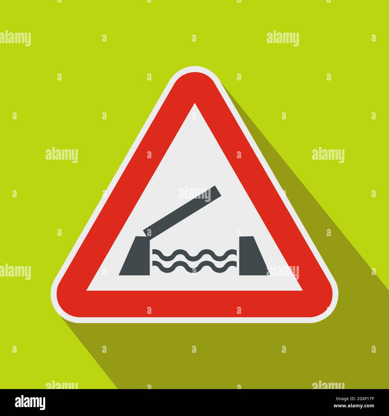 Lifting bridge warning sign icon in flat style on a green background ...