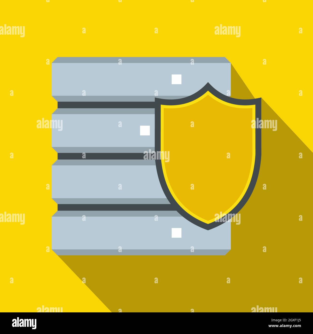 Database with yellow shield icon in flat style on a yellow background ...