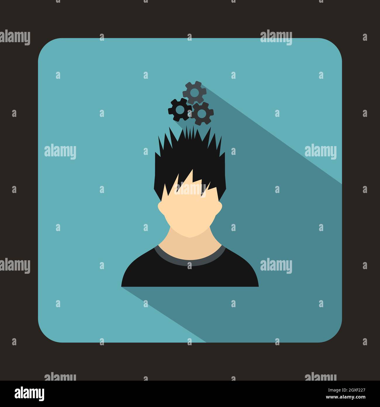 Man with metal gears over head icon in flat style on a blue background ...