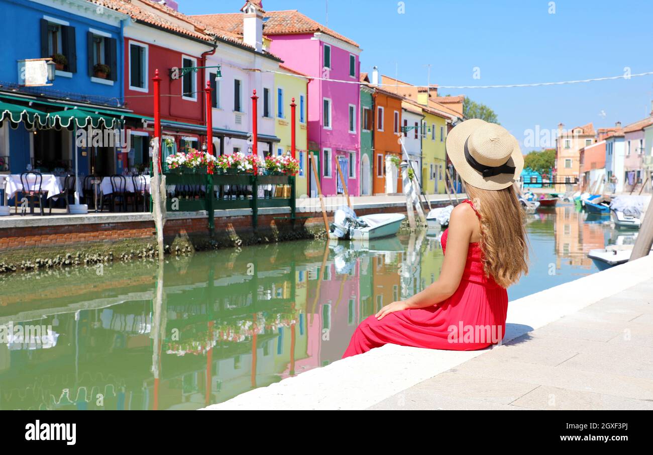Tourism in Venice. Panoramic banner view of pretty woman in red dress ...