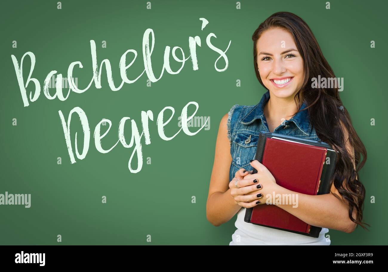 Bachelors Degree Written On Chalk Board Behind Mixed Race Young Girl ...