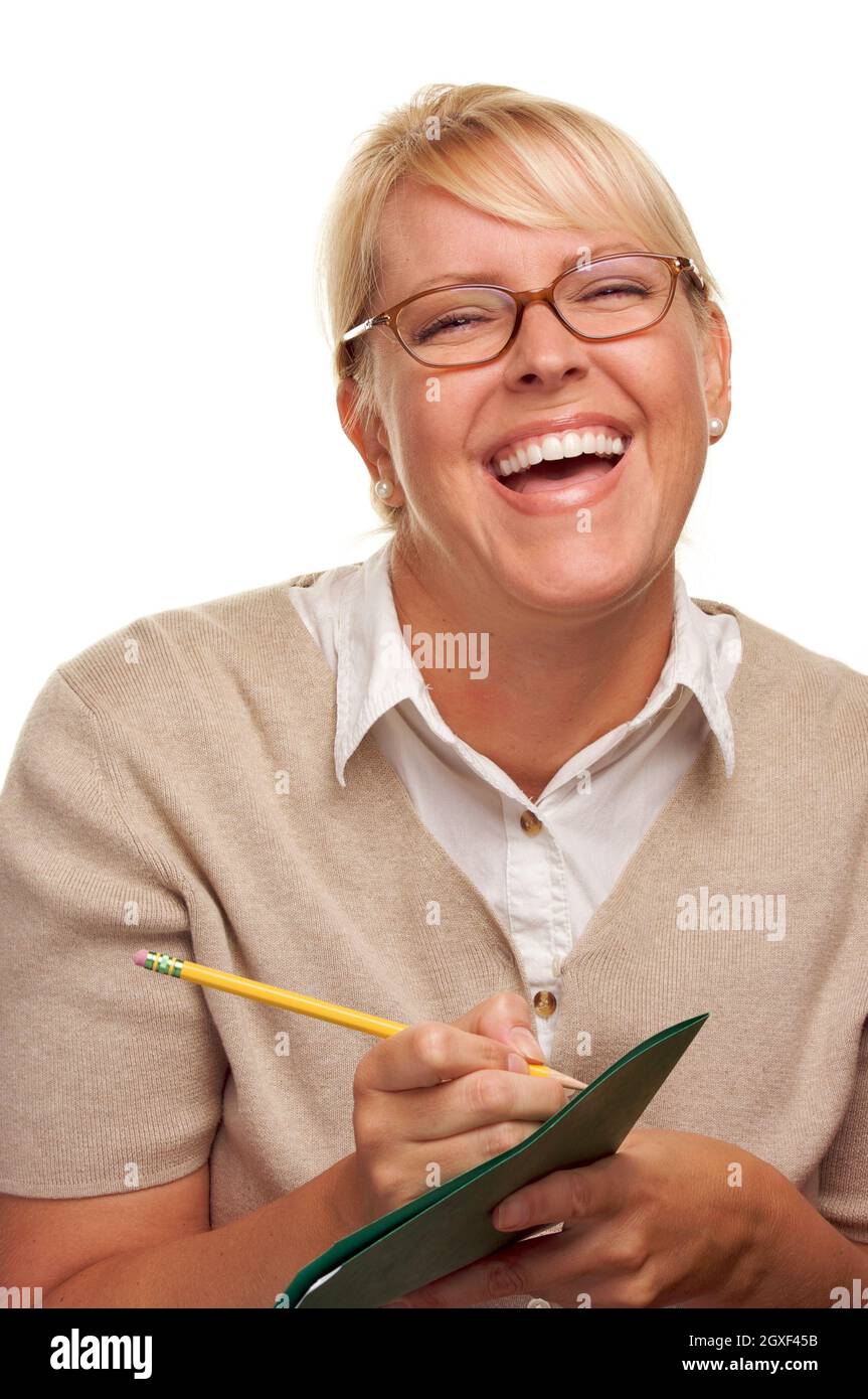 Beautiful Woman with Pencil and Folder taking notes Stock Photo - Alamy