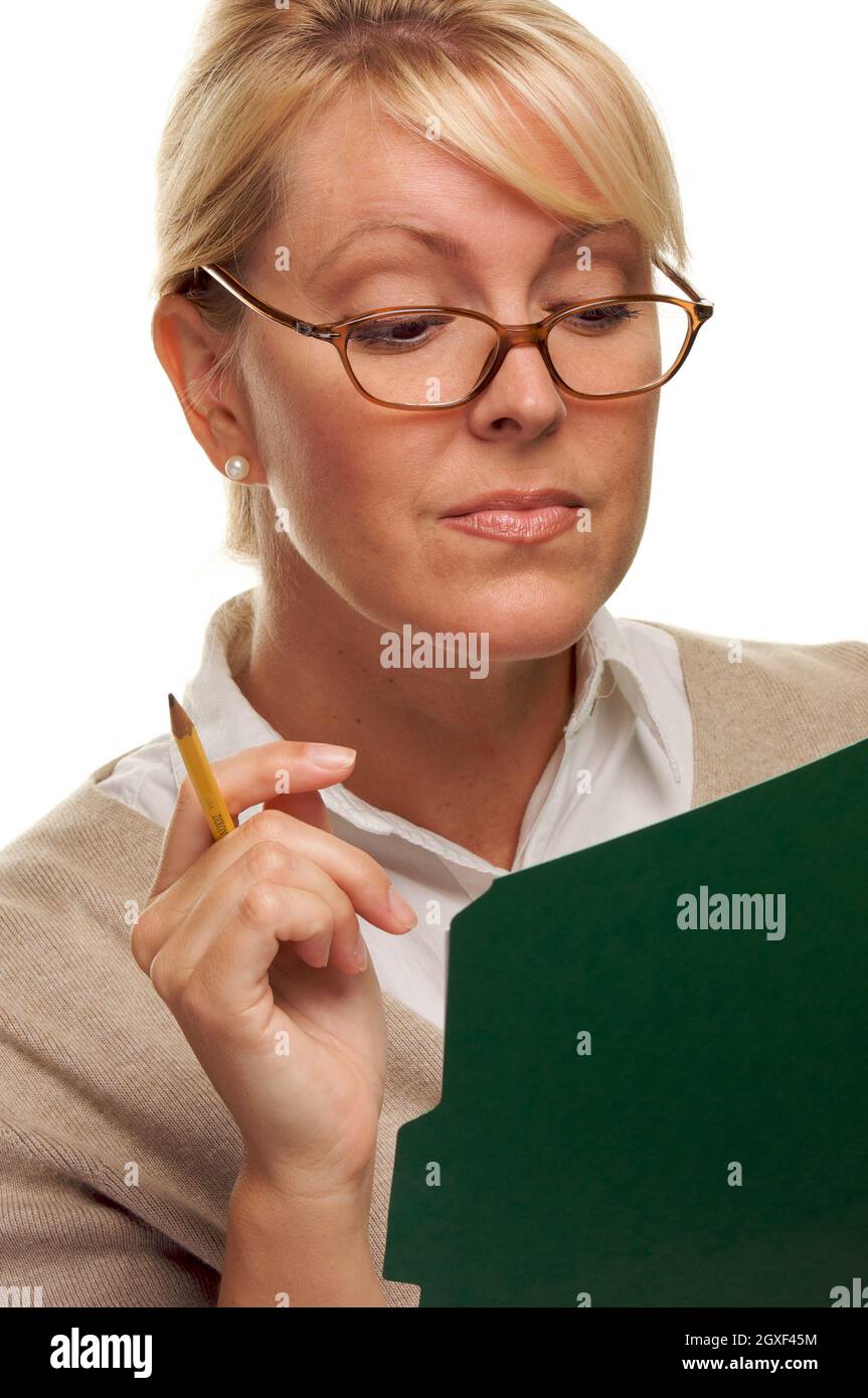 Beautiful Woman with Pencil and Folder taking notes Stock Photo - Alamy
